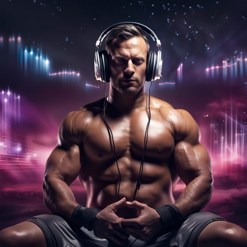 Bodybuilder Oiled Skin 30 Years Old Listening To Music Eyes Closed And Enjoying The Music