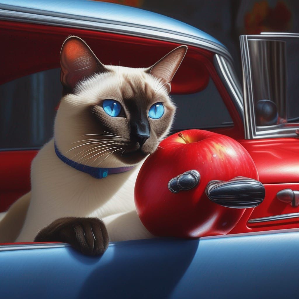 A blue eyes Siamese cat driving a red apple car, photo-realistic, ultra ...