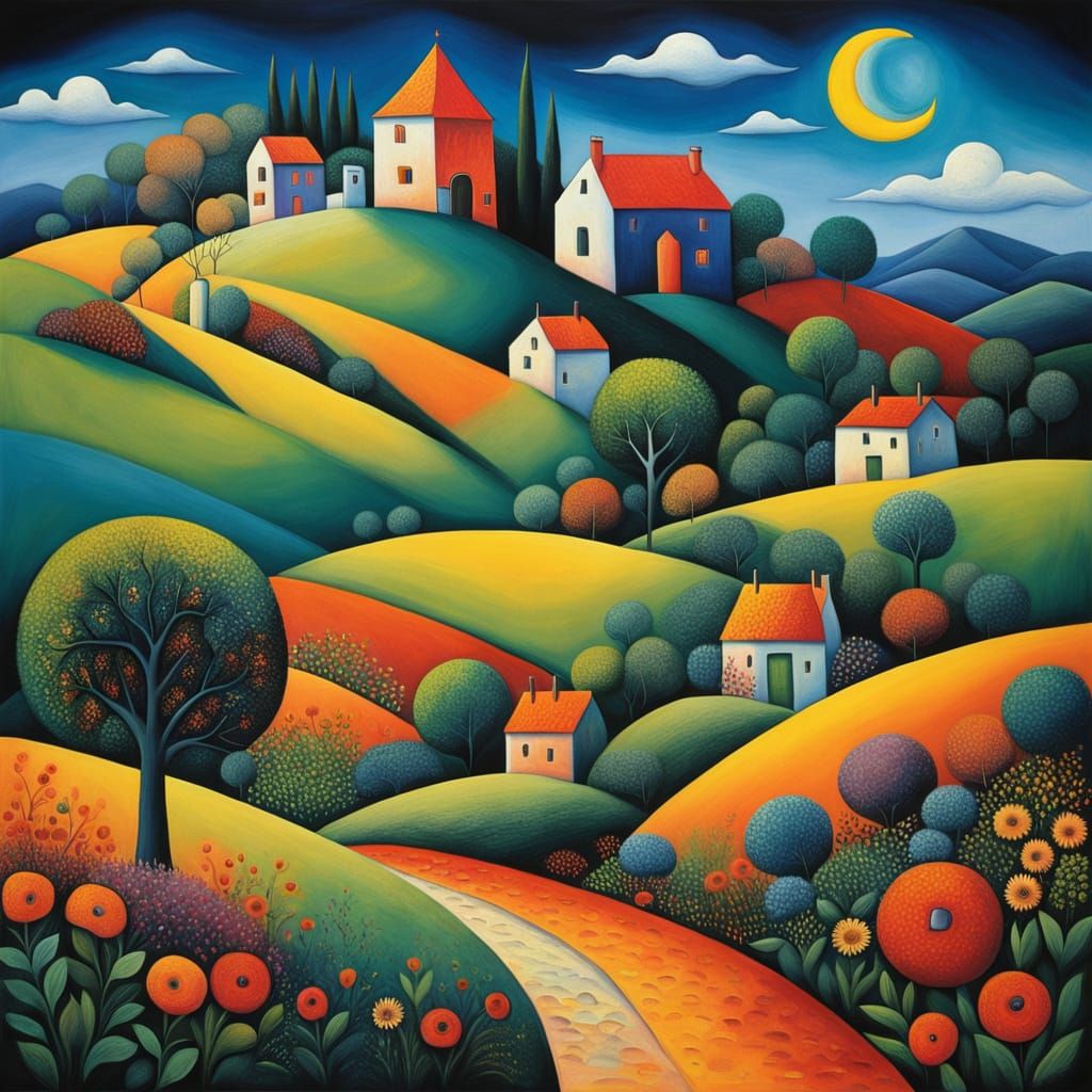 Steep naïve art - Lush Hillside Scene in Naive Art Style