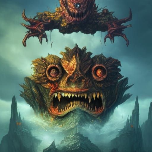 floating head, giant cube-shaped monster, cubular, colossal, disfigured ...