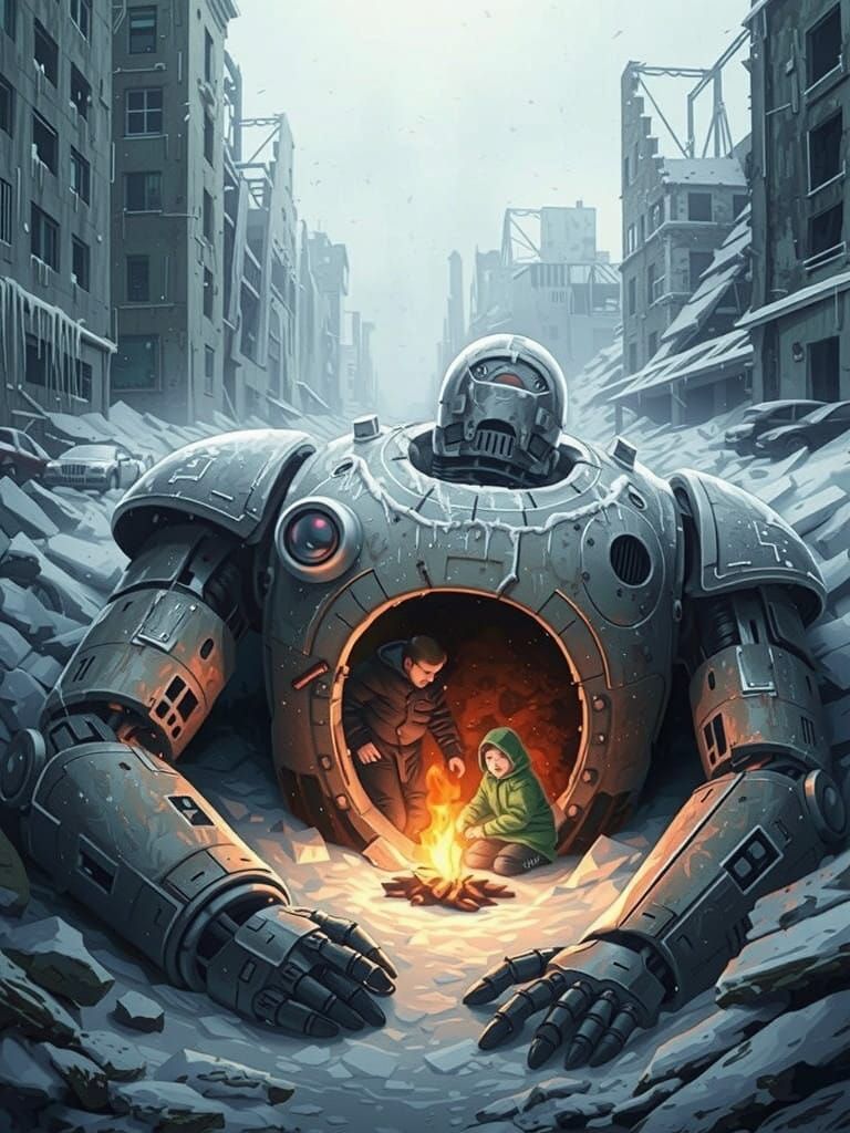Cyberpunk Winter Ruins: Human Father and Child by ... - AI Art