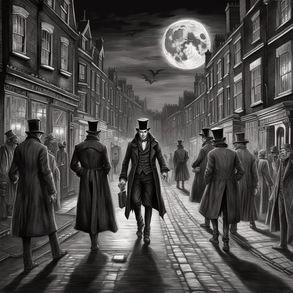 Black and white drawing of strolling vampires in the streets of 1800's ...