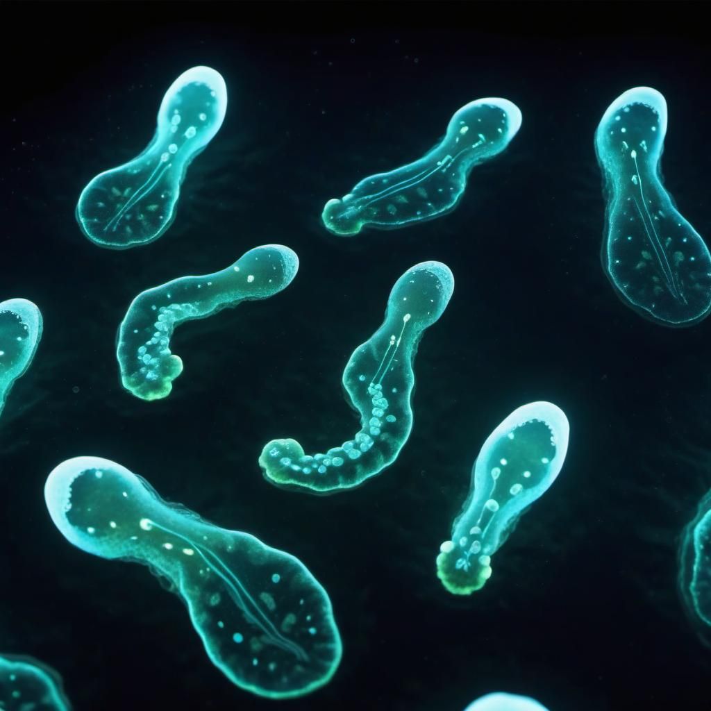 (Human-shaped amoebas:1.3) dance on the water. Bioluminescent ...