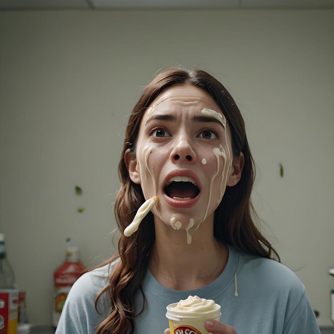 A woman in disney/pixar style advertisement, with mayonnaise dripping ...