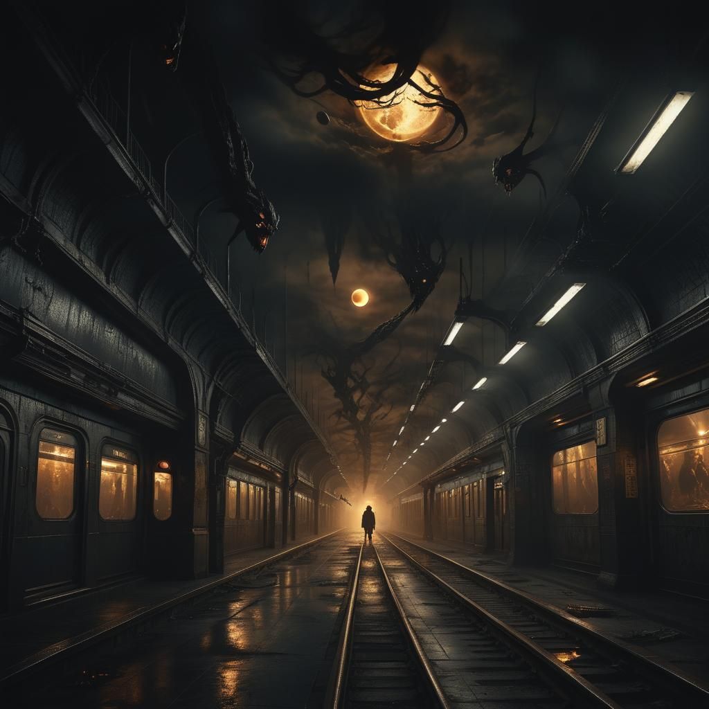 Black moon over hellish subway - Dark Fantasy Subway Under B...