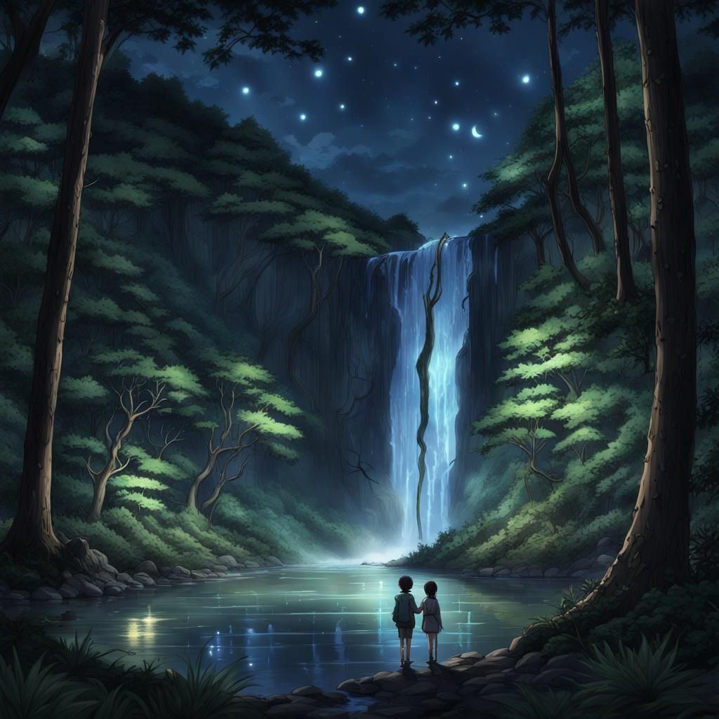 A huge waterfall in a deep dark forest at night, insects glowing ...