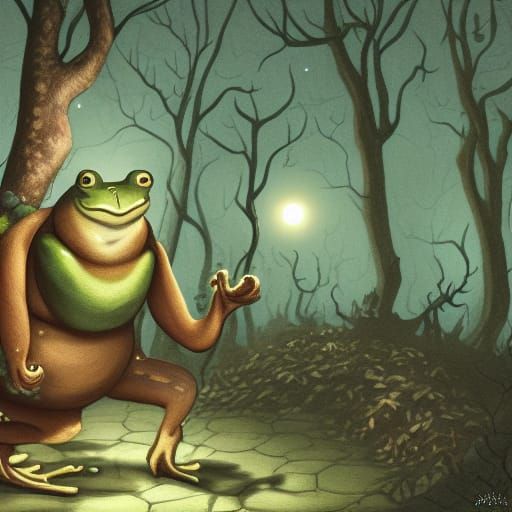 Noble fat frog merchant with many wares walking through a moonlit ...