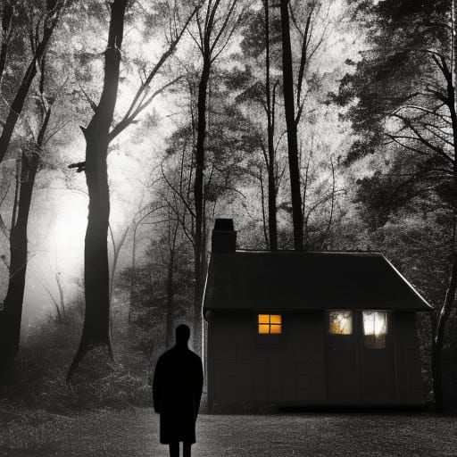 Dary mysterious shadowy character walking toward a small cabin deep in ...
