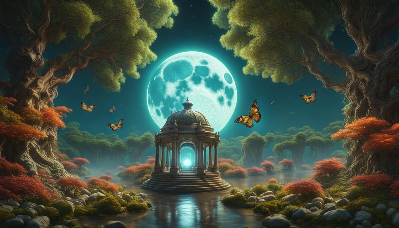 a highly detailed and colorfull forest with giant bright moon, vault of ...