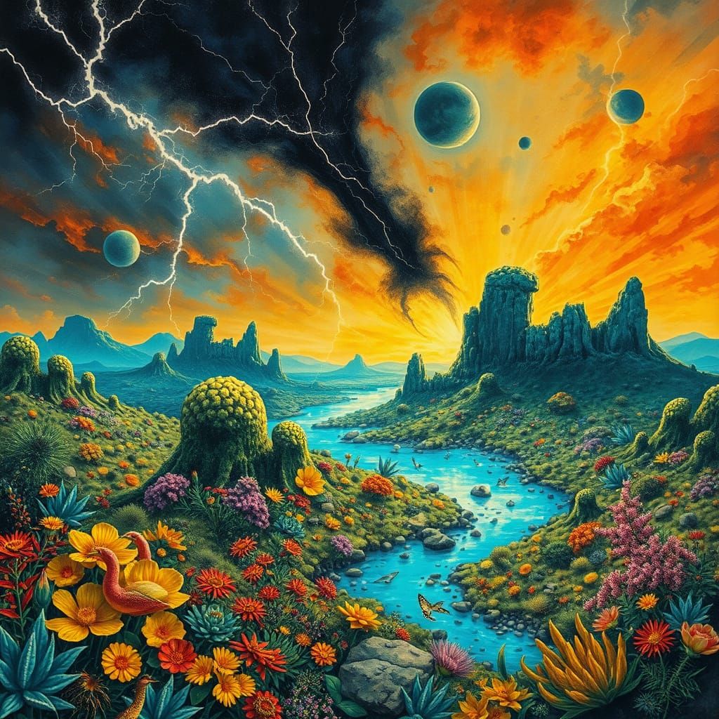 Image of an alien turquoise landscape, with abundant flora and fauna ...