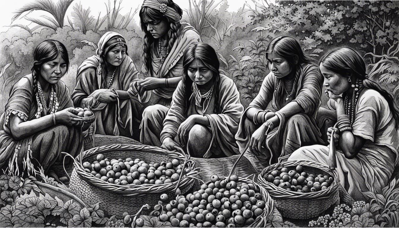 Ink Drawing Image Of Native Americans Mono Women Gathering Berries 1930