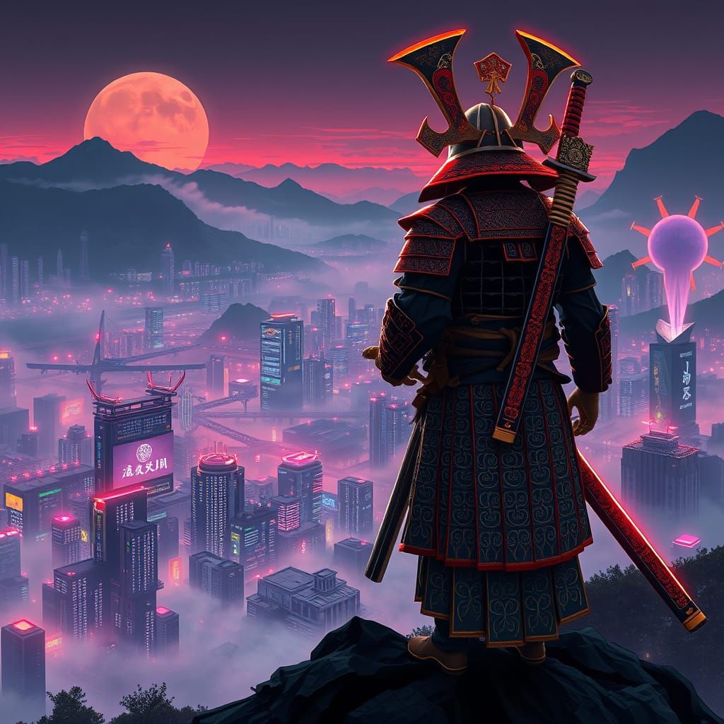 Samurai Over Cyberpunk Metropolis: Ghibli-Inspired... - AI Art