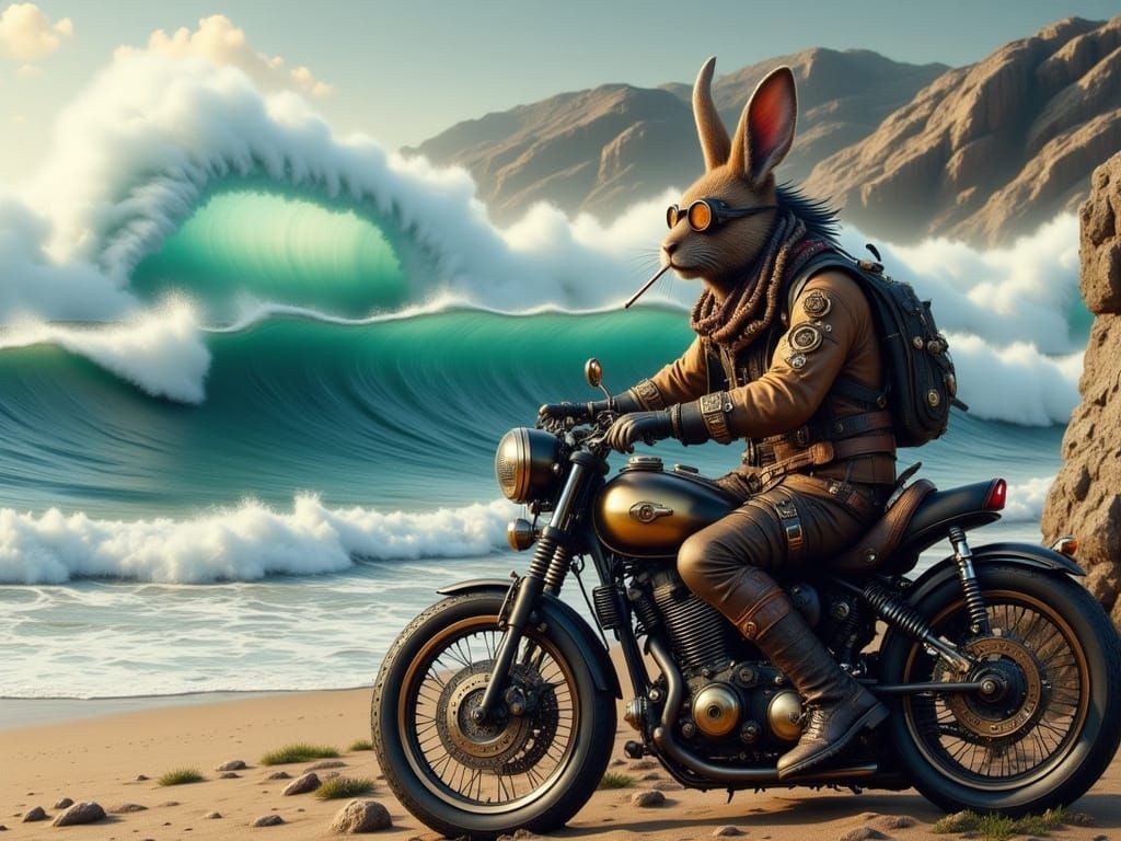Bad Boy Bunny Biker 2 - Steampunk Biker Rabbit on Beach in ...