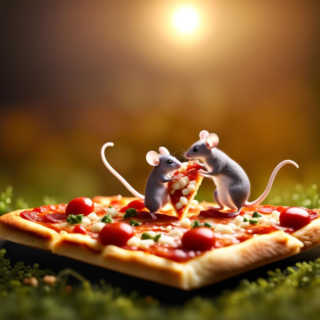 Photograph, Macro, mice love to eat square pizza on the meadow, depth ...