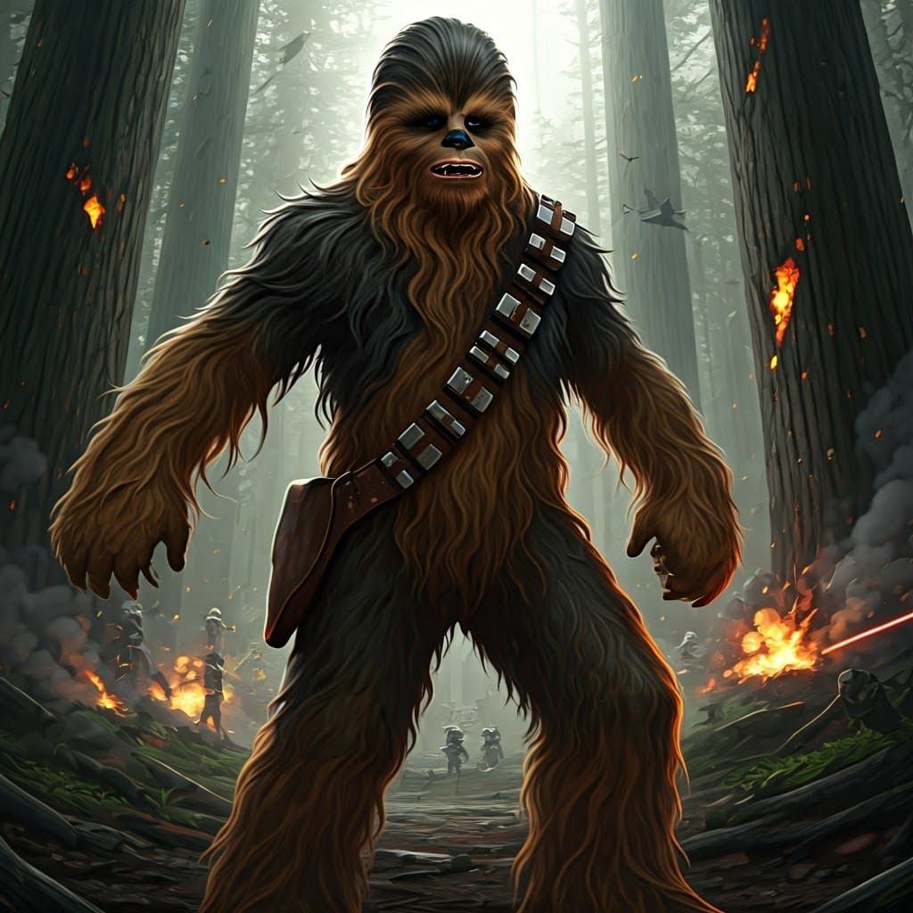 Hyperrealistic Chewbacca in Intense Forest Battle - AI Art