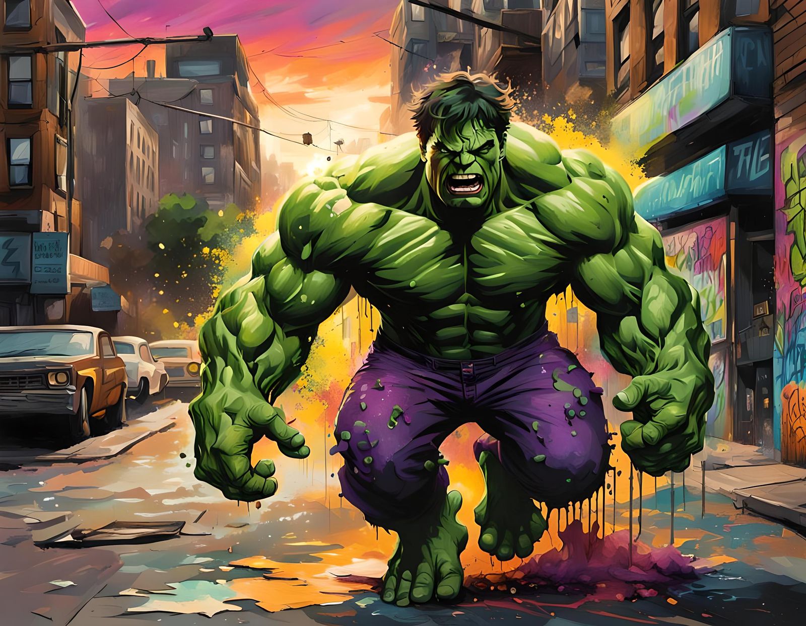 Dr. Bruce Banner midway turning into the Incredible Hulk running down a ...
