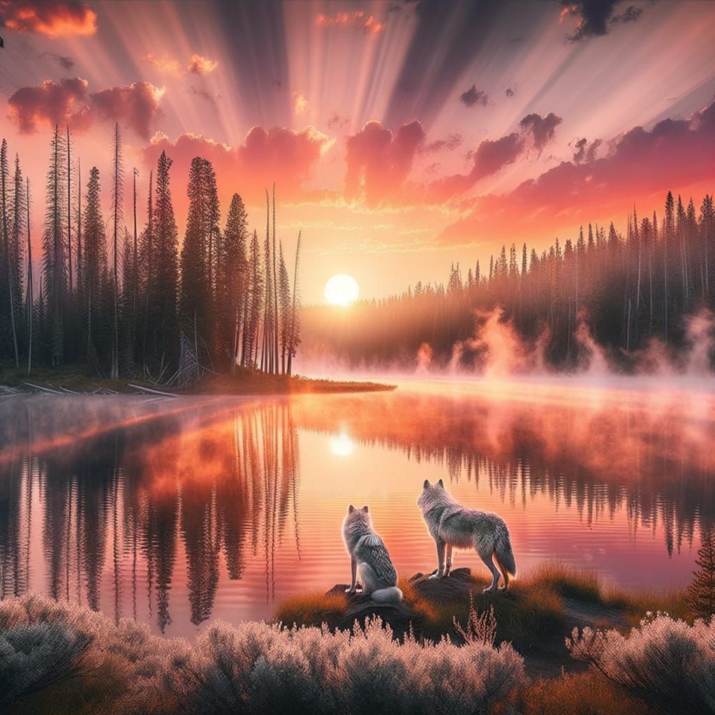 lake with wolves sun rise - Tranquil Morning Scene with Wo...