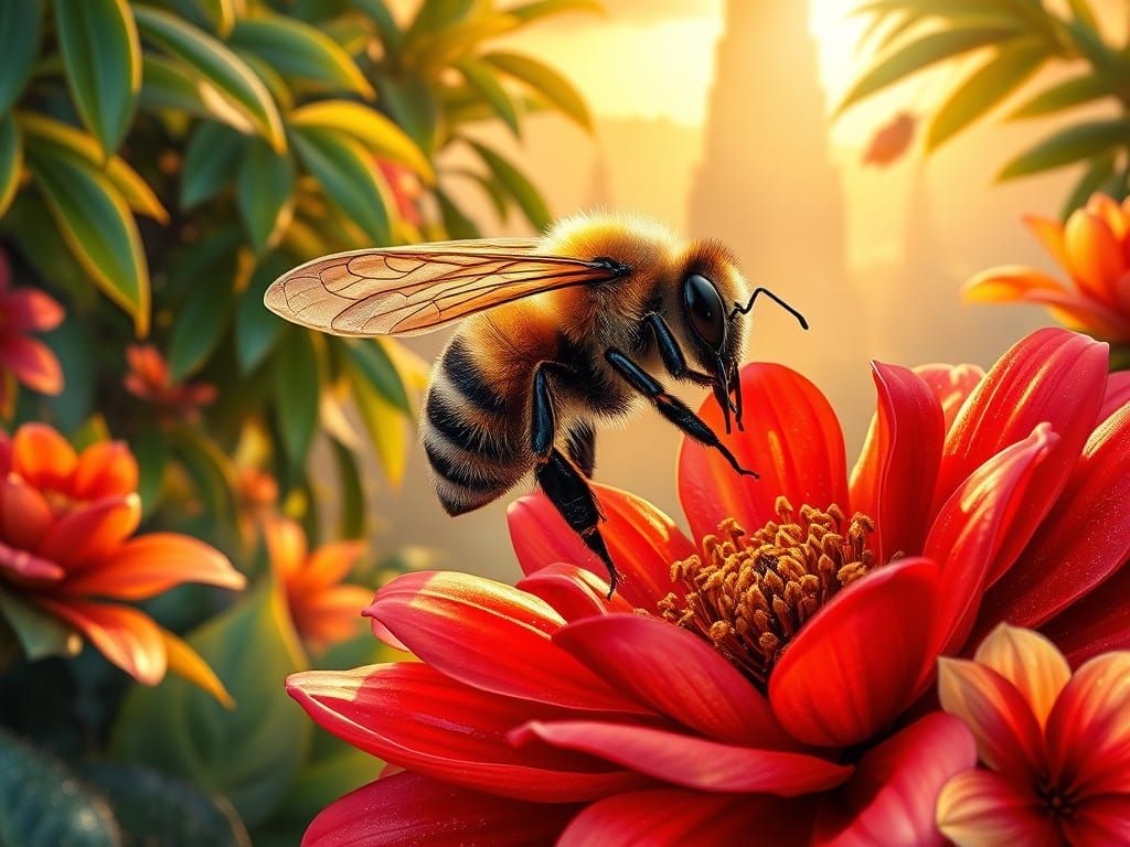 Surreal Bee in Jungle Temple at Sunset - AI Art