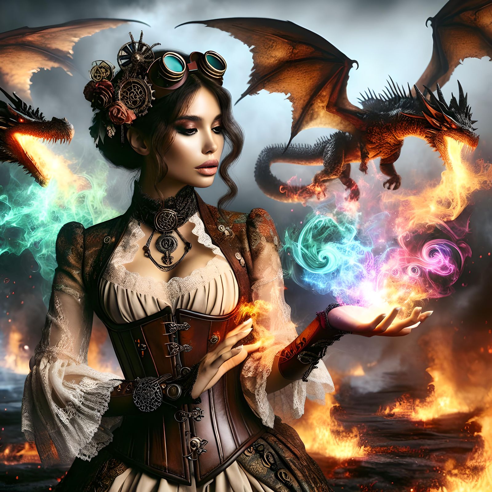 a beautiful woman in steampunk wielding magic from hands in a land of fiery dragons - AI ...