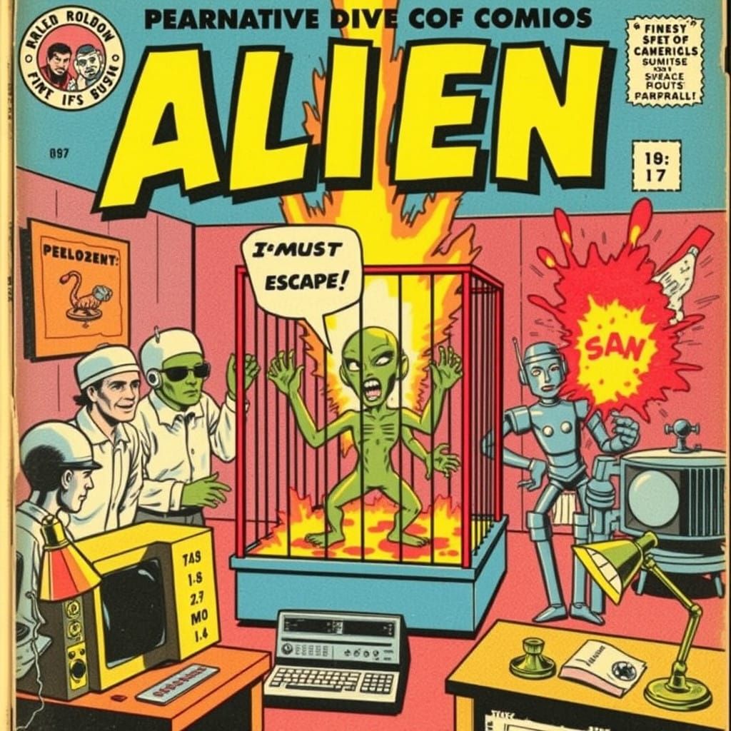 Alien Captured in a 1950s Style Comic Book Cover - AI Art