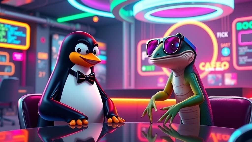 Cyberpunk Penguin Interviews Geckos in Vibrant Fut... - AI Art