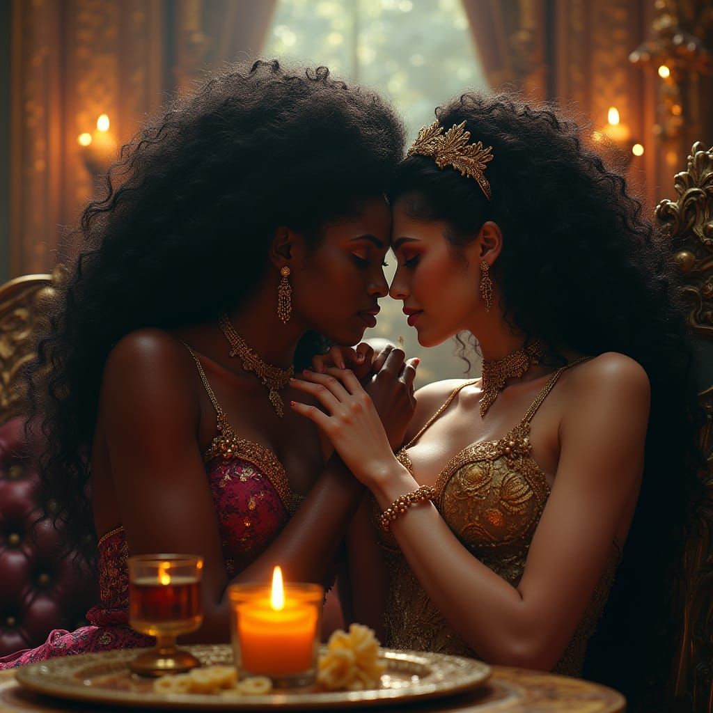 Ebony Queen and Valkyrie: Passionate Palace Moment - AI Art
