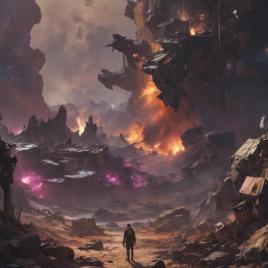 Disco Elysium-inspired, 16k resolution cosmic scene, a desolate, desaturated space landscape ...