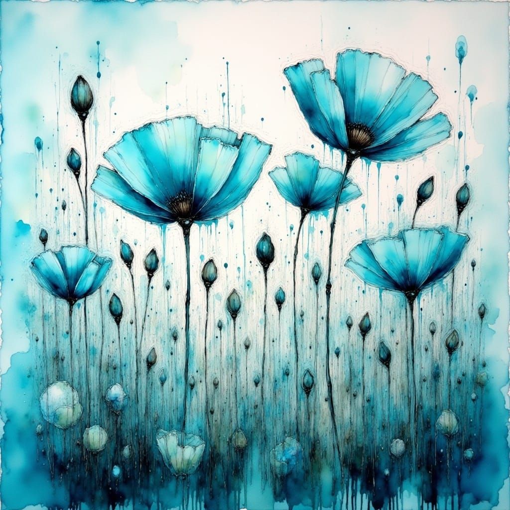 Oil painting of turquoise colored poppy flowers in a meadow. Colors ...