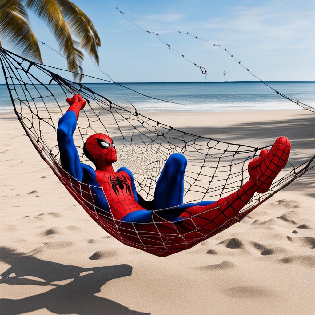 spiderman using a web as a hammock on the beach - AI Generated Artwork - NightCafe Creator