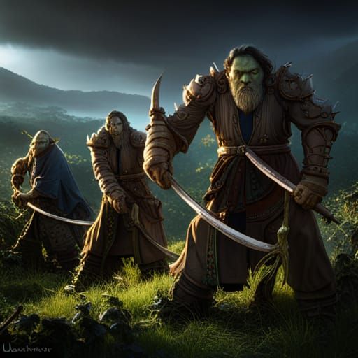 3 tolkien style orcs each holding a different weapon in a forest at ...