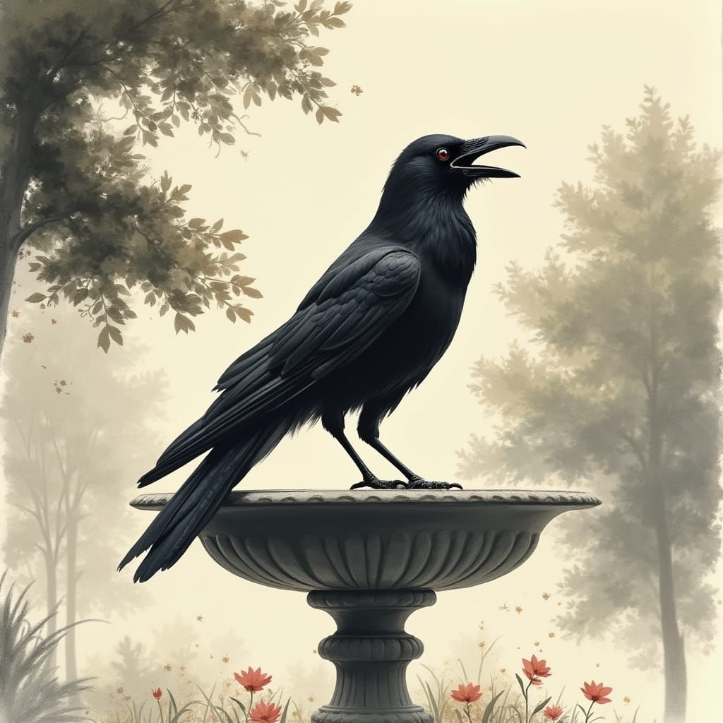 anime black and white. there is a common raven on a water dish pedestal ...