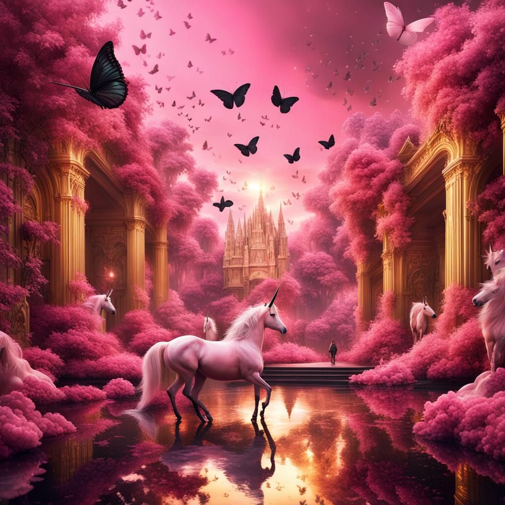 Utopian pink world, shimmer gold unicorns and black butterflies - AI Generated Artwork ...