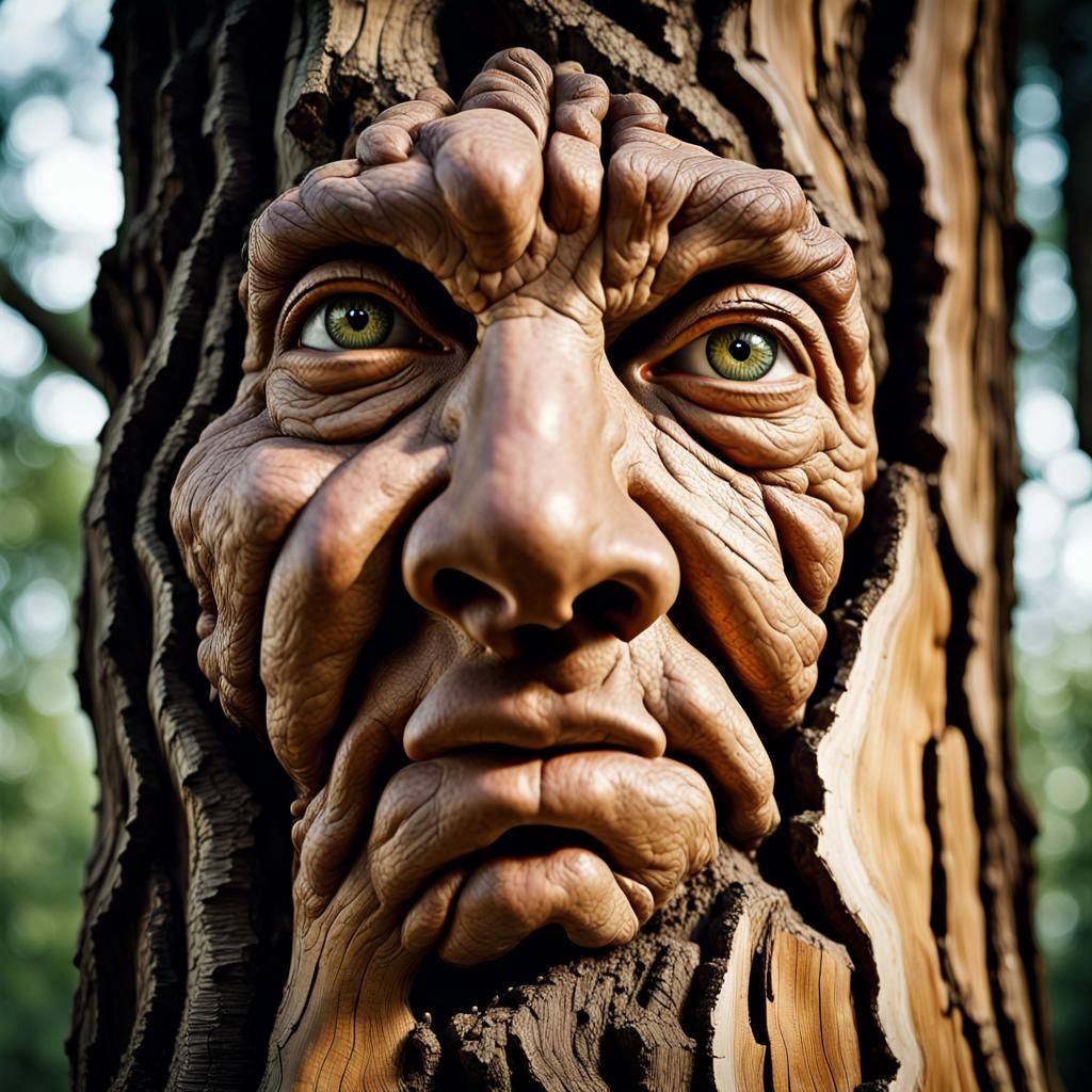 A photorealistic tree with a hyperrealistic face on the front of the ...