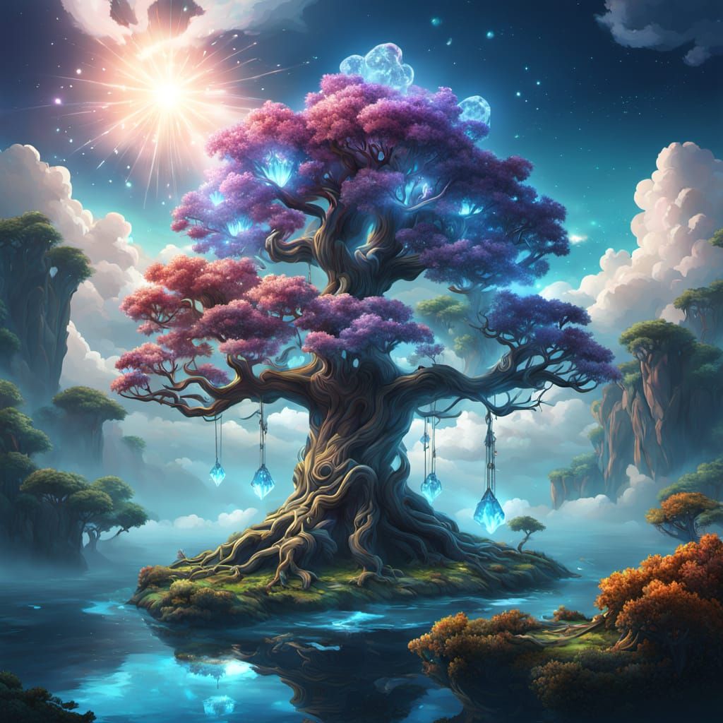 The Tree Of Magical Blue Glowing Diamonds