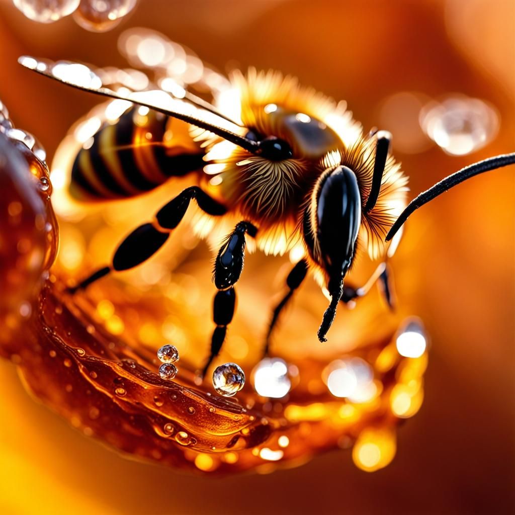 Close-up macro photography of a bee trapped in amber. Dew drops reflect ...