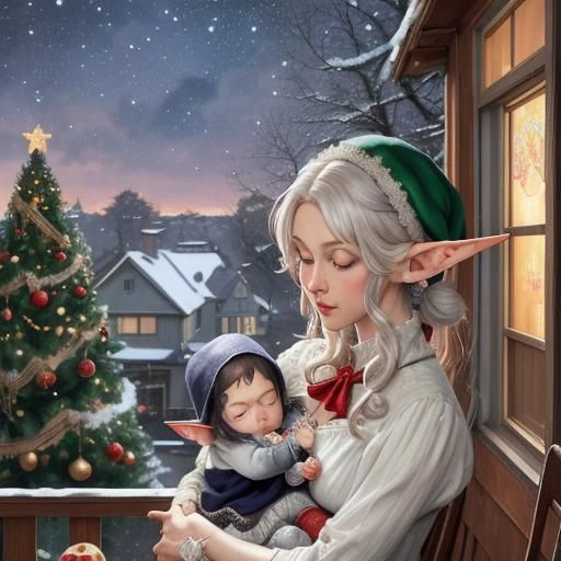 "Chibified adorable shimmering mother elf holding a sleeping sweet baby ...