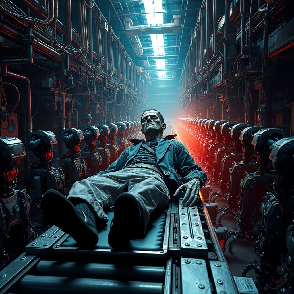 Frankenstein's Monster on Industrial Assembly Line... - AI Art