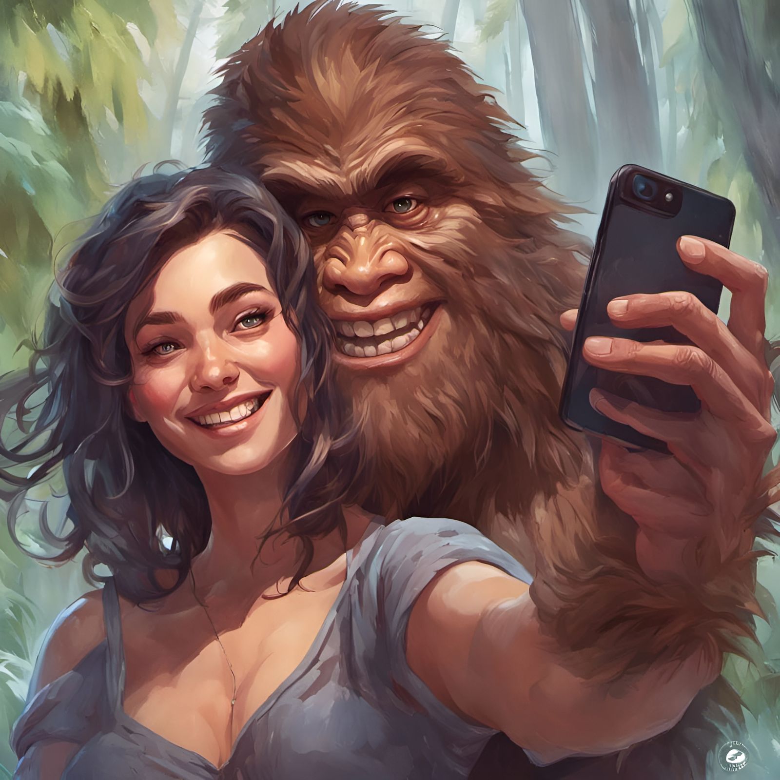 A selfie of me and Bigfoot, super happy party - AI Generated Artwork - NightCafe Creator