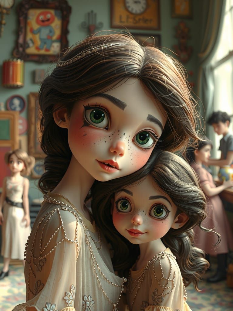 Cartoon style inspired by Tim Burton, with exaggerated facial features ...