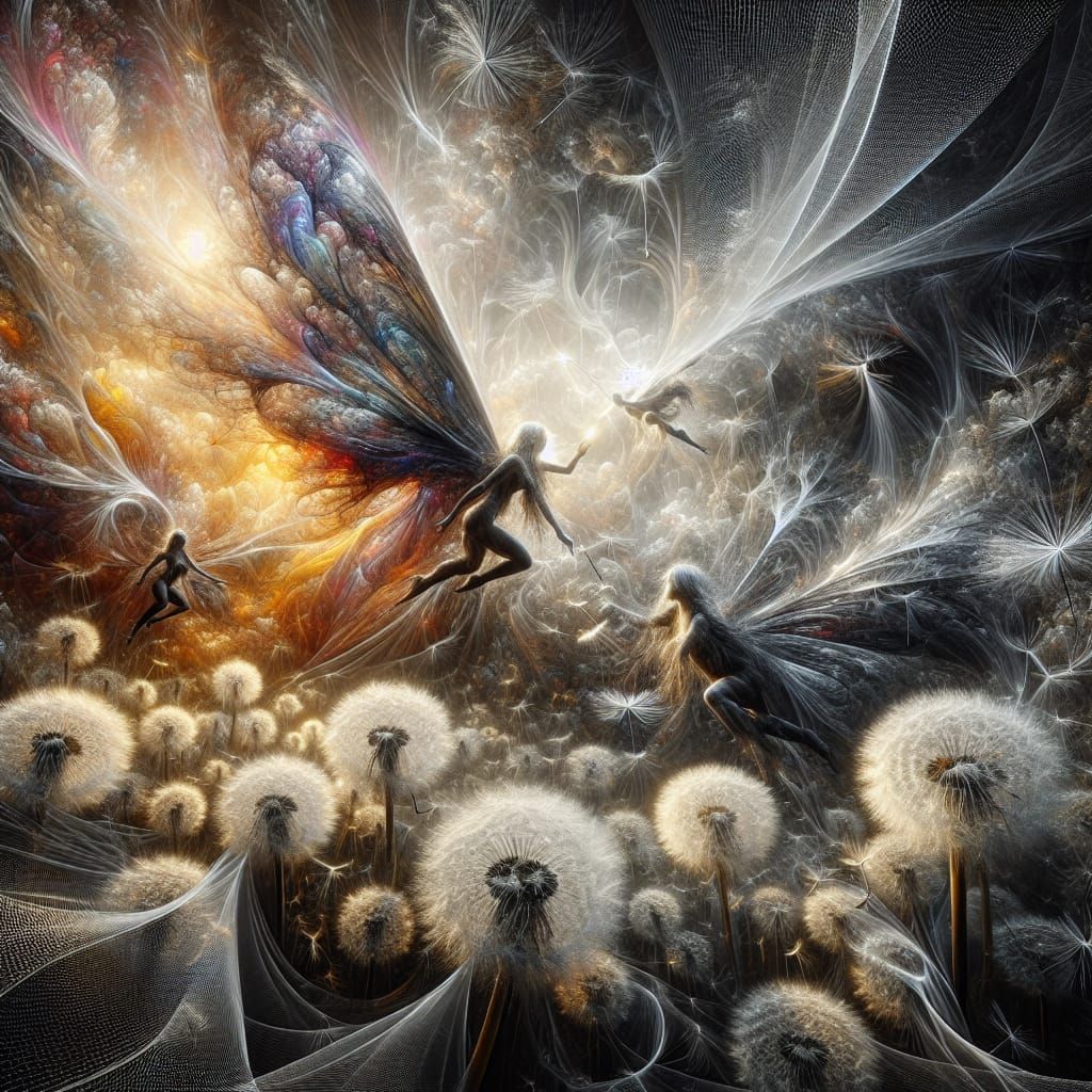Winged Fairies in a Vibrant Dandelion Dreamscape - AI Art