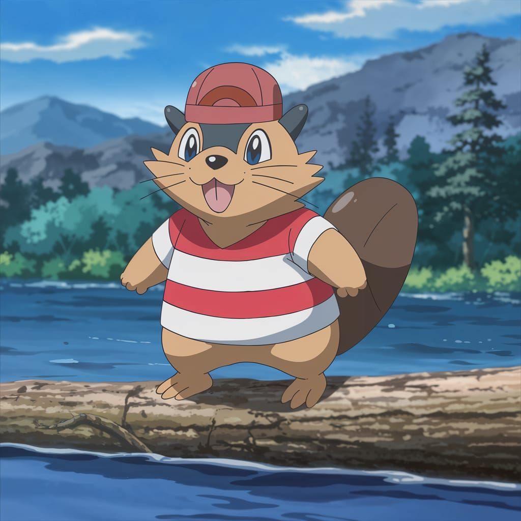Anime-Style Carpenter Pokémon Beaver in Red and Wh... - AI Art