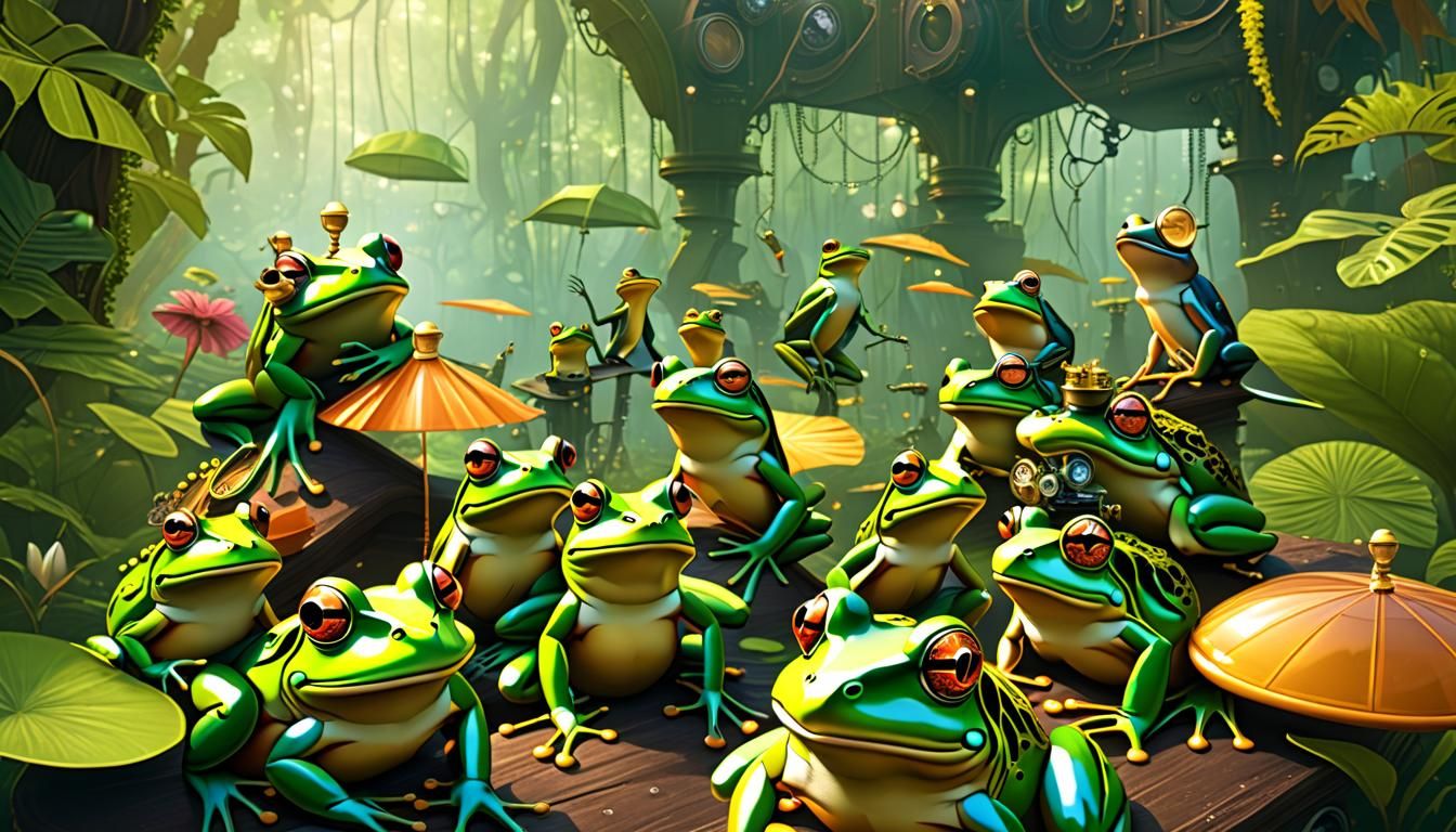 The summer party of frogs in the steampunk rainforest square. - AI ...