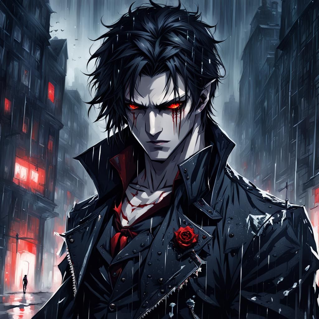 Vampire Boy, Blood, Rain in the City, Black Hair, Red Eyes - AI ...
