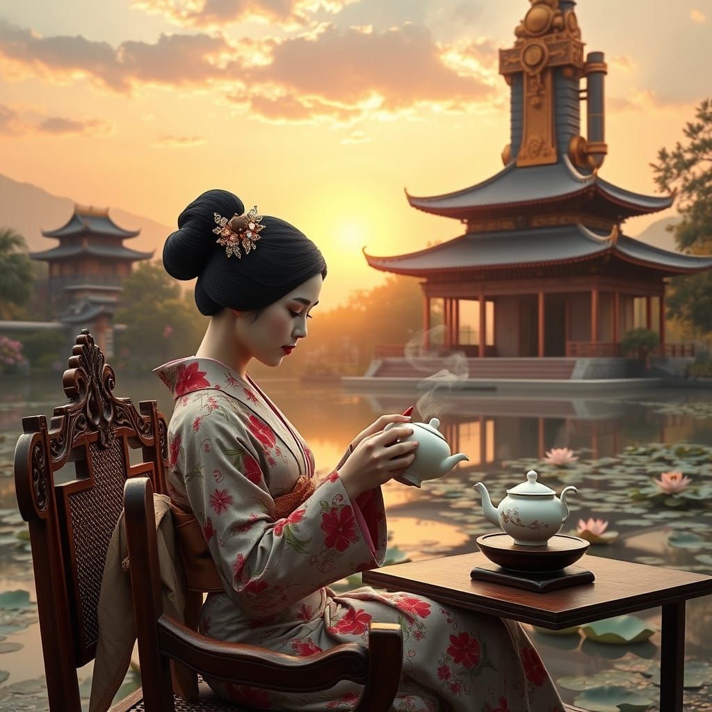 Ethereal Geisha Serenade in Whimsical Steampunk Ga... - AI Art