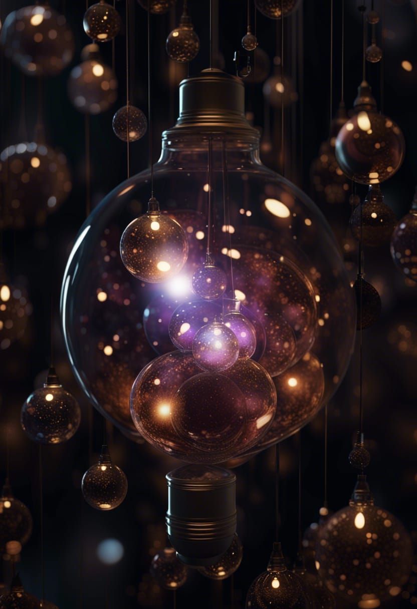 Glass Spheres, Light bulb close up glowing universe inside radiantly ...
