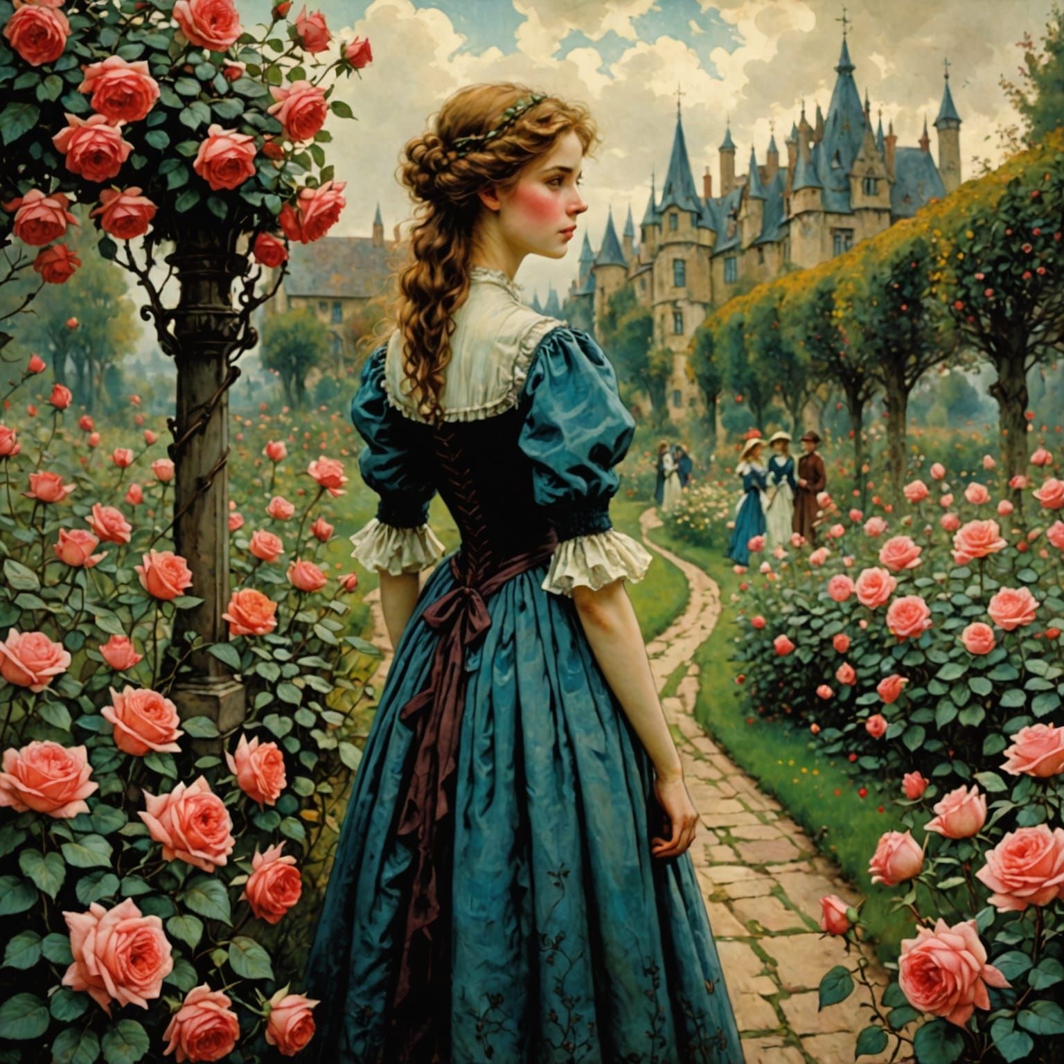 Roses - A Girl in a Vibrant Rose Garden Scene