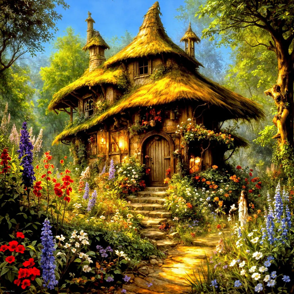 Fantasy fairy house, fantasy forest, flowers, plants, trees, by Arthur Rackham, Pino Daeni