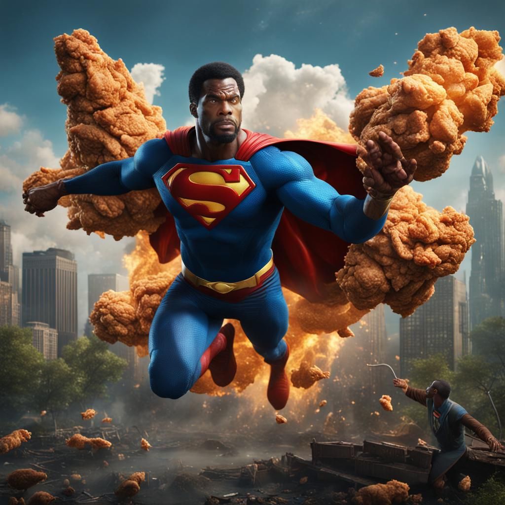 Black man that is superman getting hurt by fried chicken shaped ...