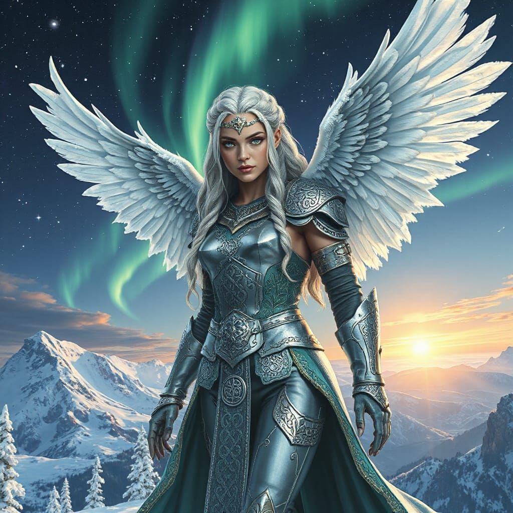 Valkiria #2 - Radiant Valkyrie on Snowy Mountain, Art Nouvea...