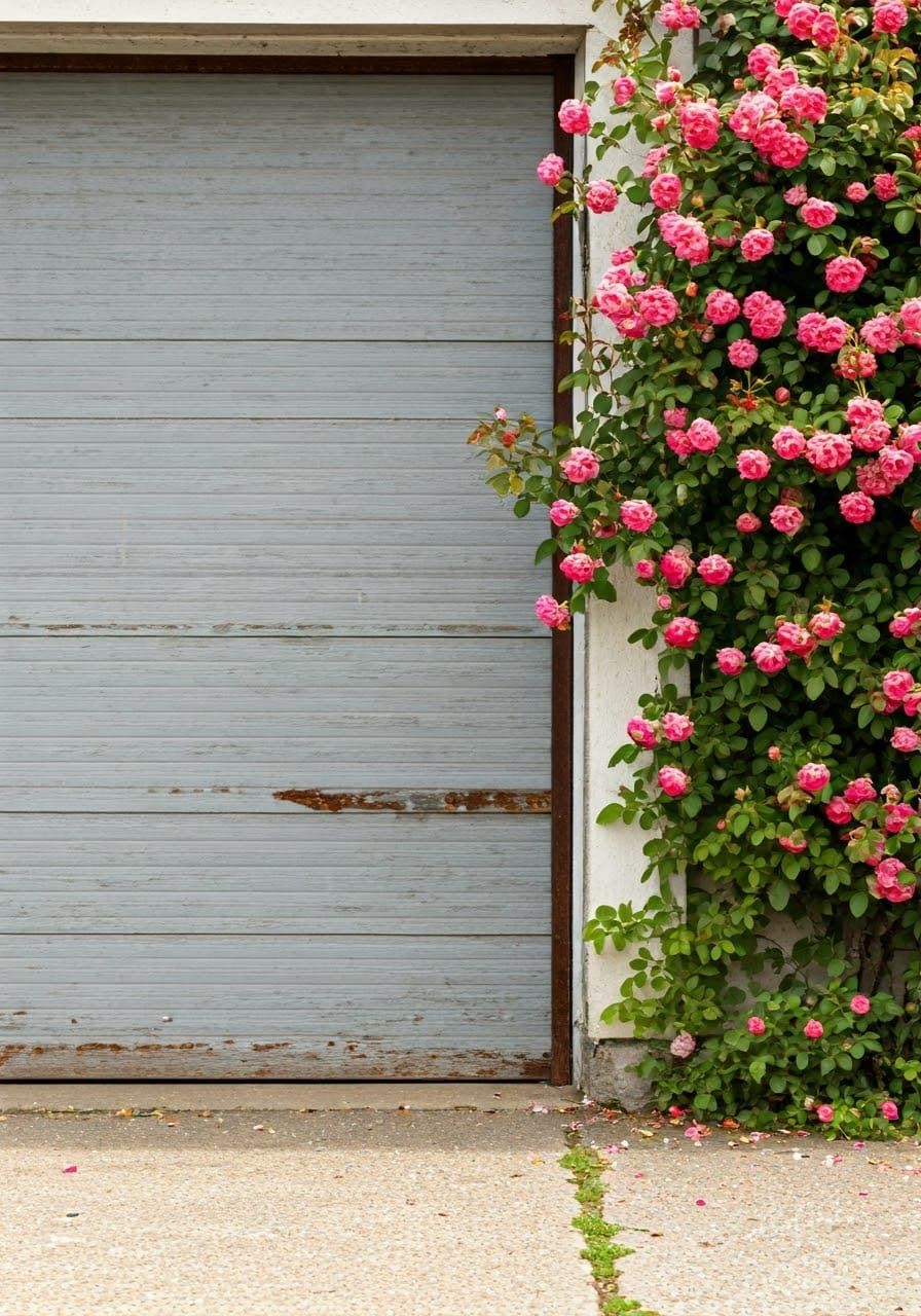 A suburban weathered garage with its grey panelled door shuttered down ...